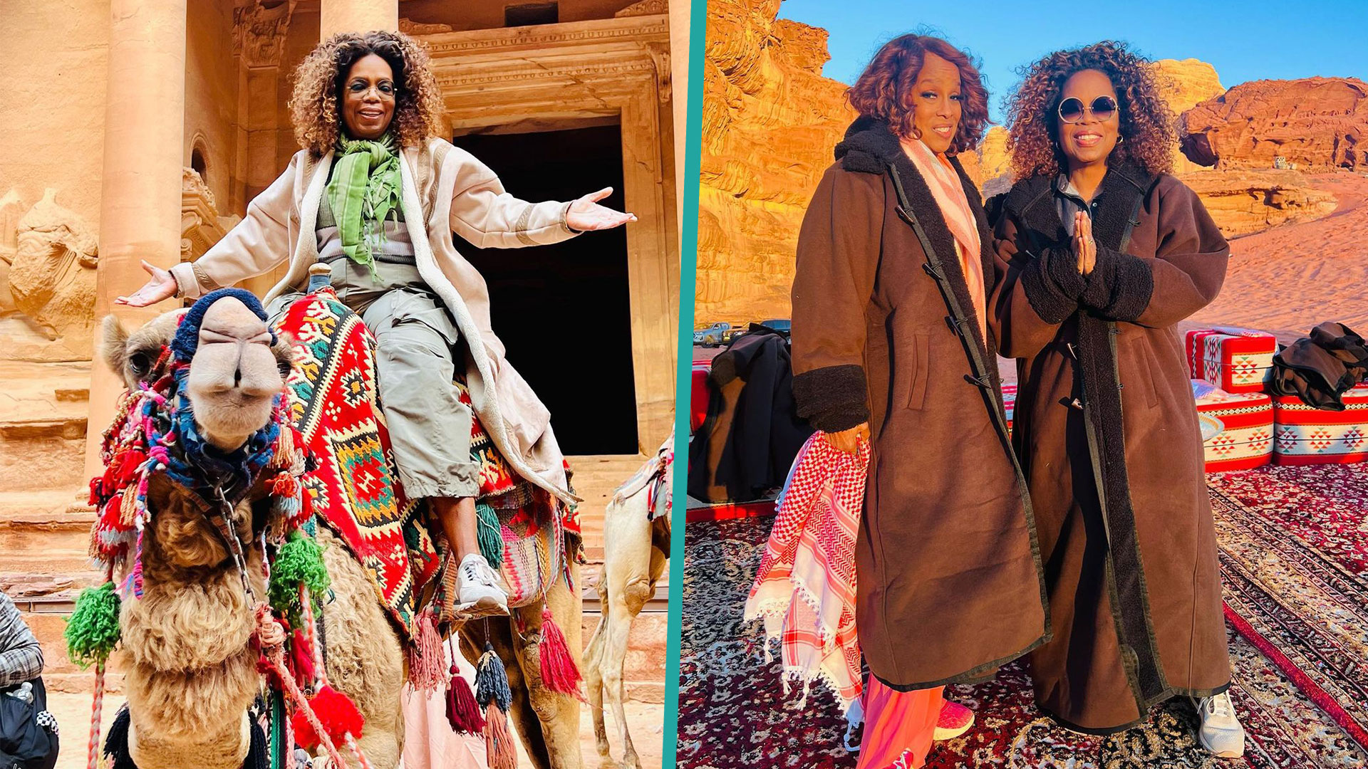 Oprah Winfrey Rides Camel On Vacation & Twins With Best Friend Gayle ...