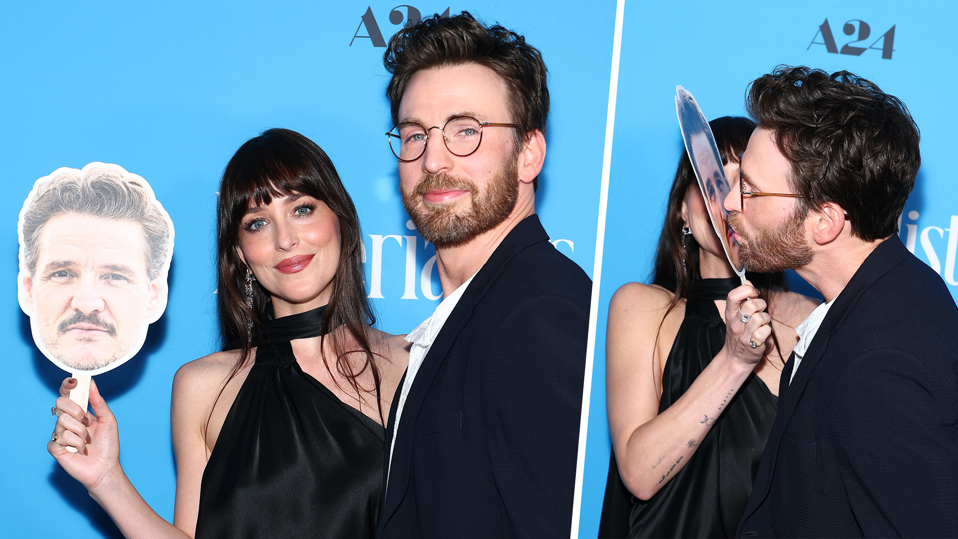 Dakota Johnson & Chris Evans Kiss Co-Star Pedro Pascal's Cutout As He Misses 'Materialists ...